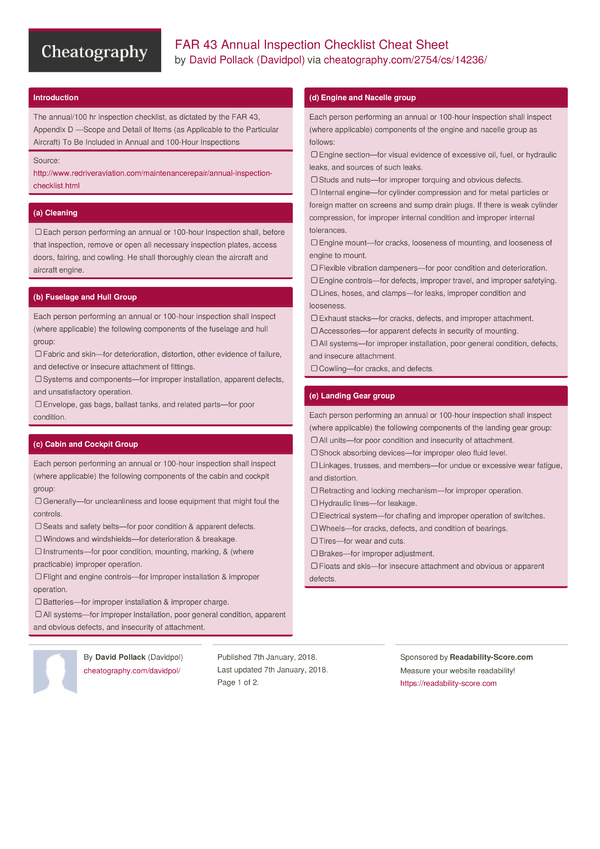 Far 43 Annual Inspection Checklist Cheat Sheet By Davidpol Download