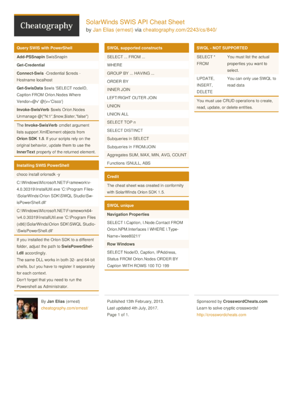 SolarWinds SWIS API Cheat Sheet by ernest - Download free from Cheatography - Cheatography.com ...