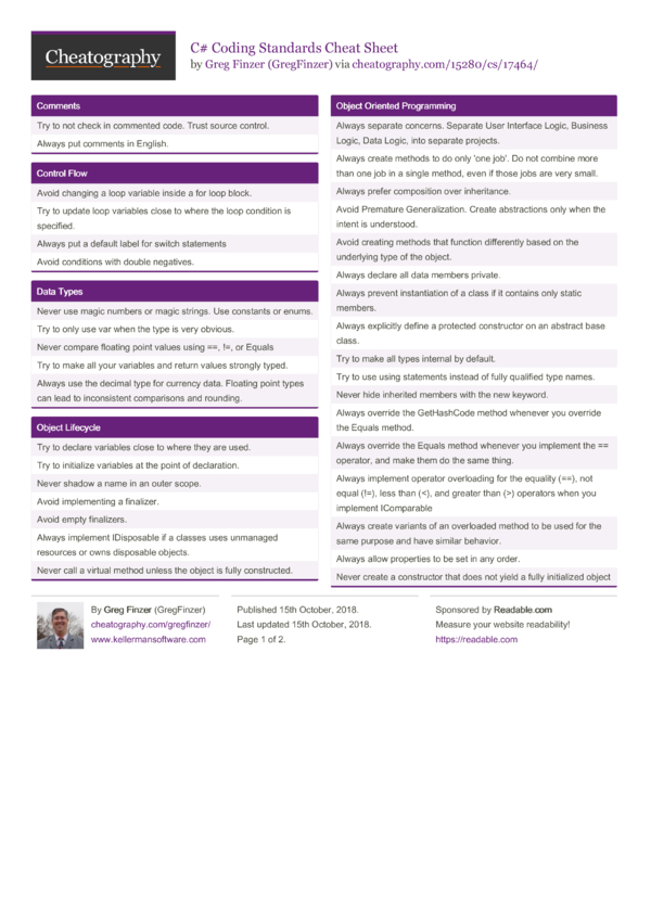 C# Coding Standards Cheat Sheet By Gregfinzer - Download Free From