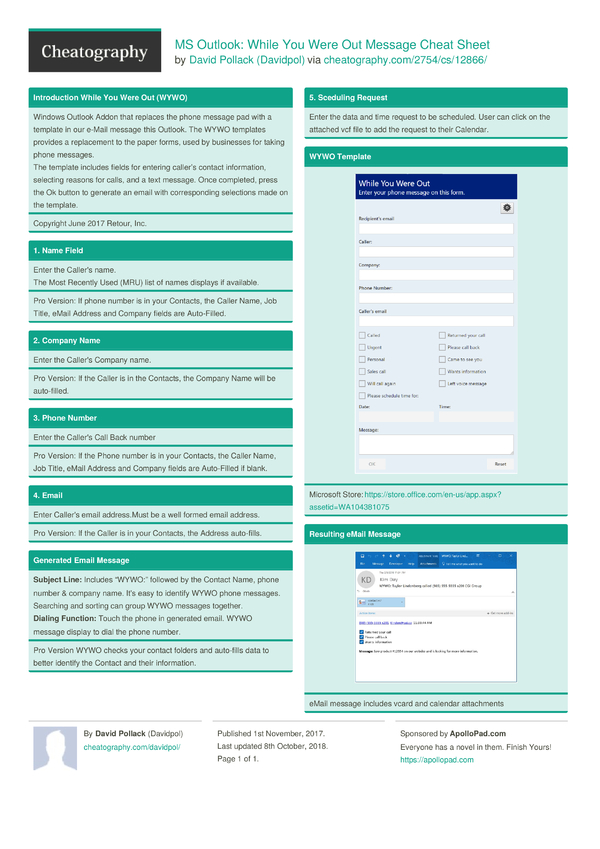 MS Outlook: While You Were Out Message Cheat Sheet by Davidpol ...