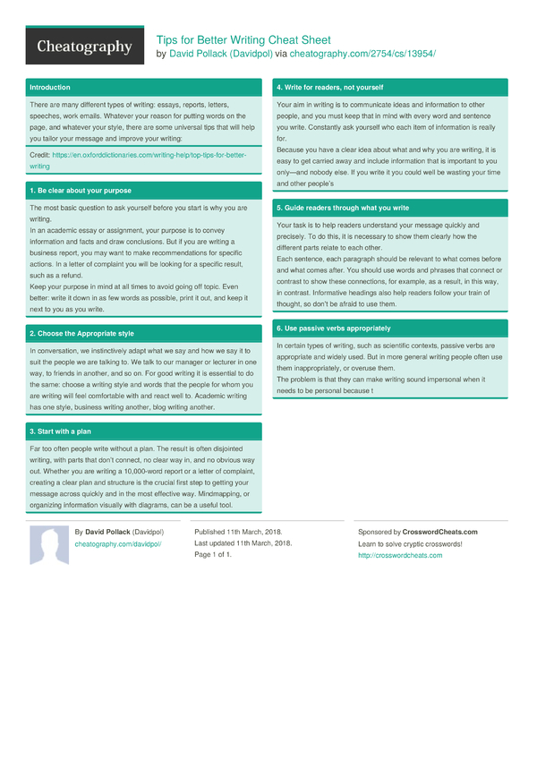 Tips for Better Writing Cheat Sheet by Davidpol - Download free from ...