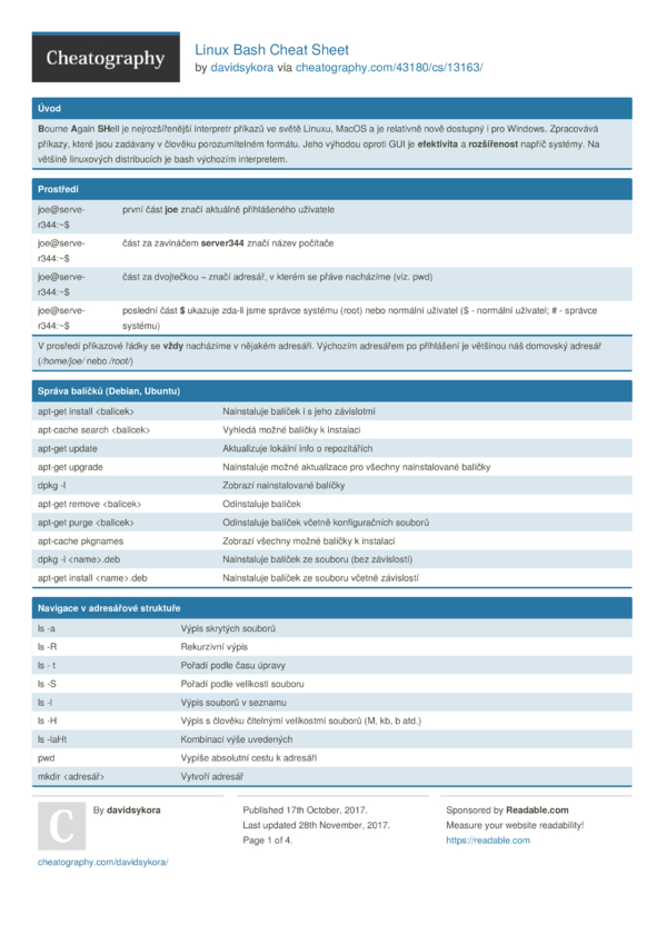 Linux Bash Cheat Sheet by davidsykora - Download free from Cheatography ...
