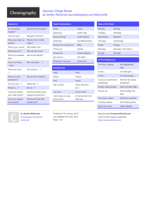 German Cheat Sheet by Gordon McDonald - Download free from Cheatography ...