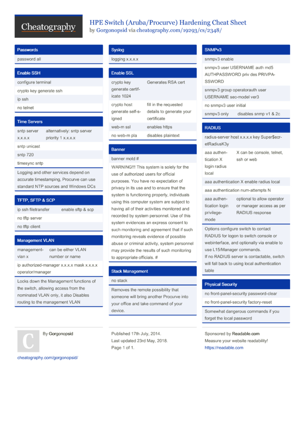 HPE Switch (Aruba/Procurve) Hardening Cheat Sheet by Gorgonopsid ...