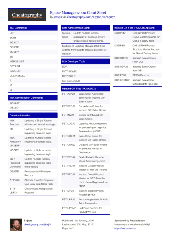 Epicor Manager-2000 Cheat Sheet by jttacj1 - Download free from ...