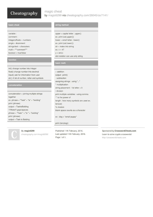 magic cheat by magic6299 - Download free from Cheatography ...