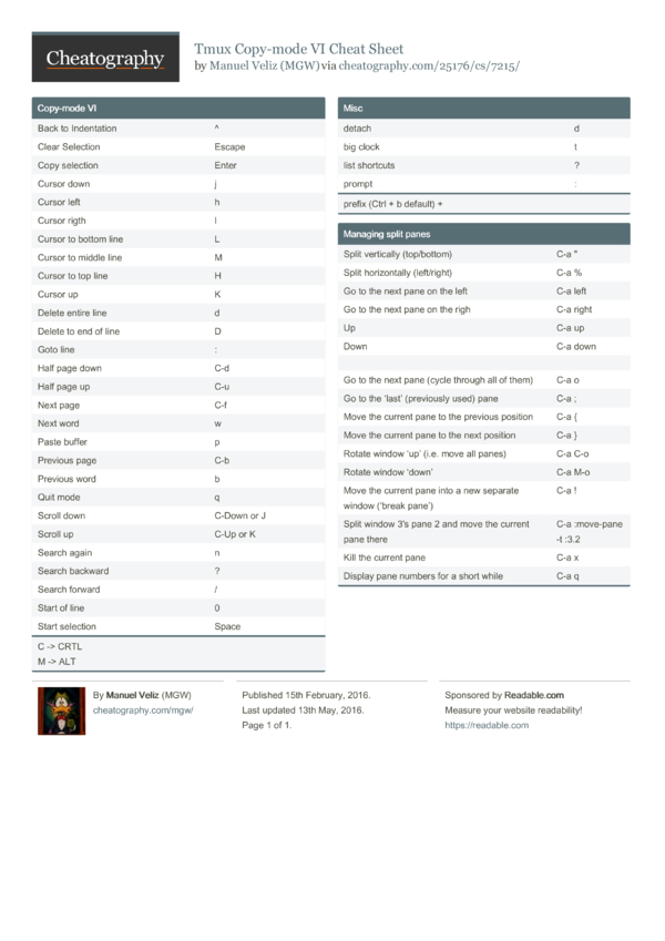 Tmux Copy-mode VI Cheat Sheet by MGW - Download free from Cheatography ...