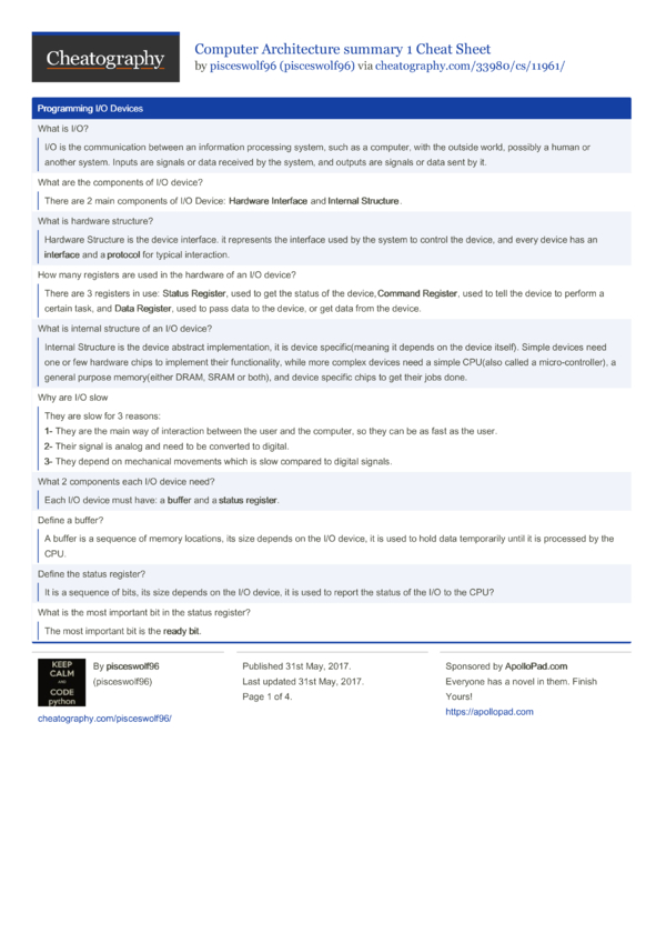 Computer Architecture summary 1 Cheat Sheet by pisceswolf96 - Download ...