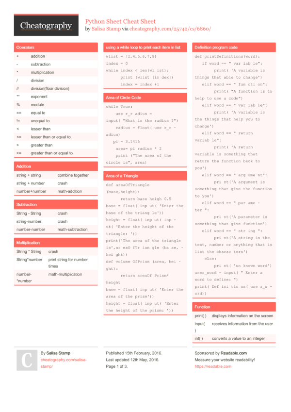 Python Sheet Cheat Sheet By Salisa Stamp 3 Pages Programming Python