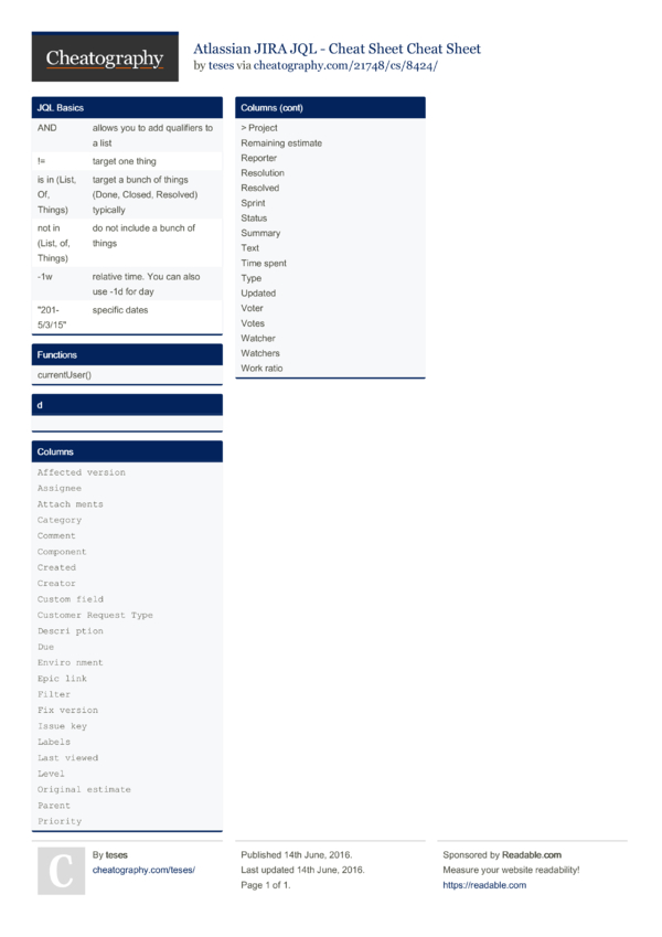 Atlassian JIRA JQL - Cheat Sheet Cheat Sheet by teses - Download free ...