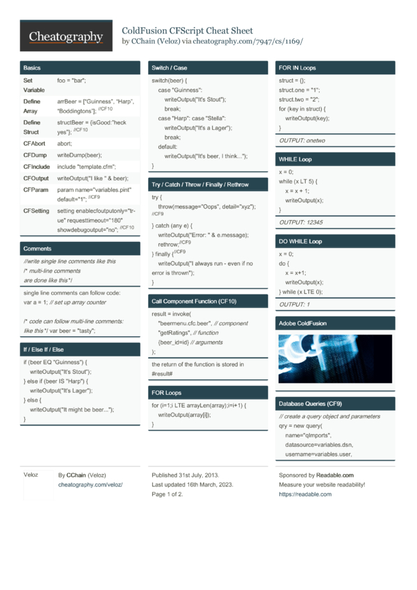 ColdFusion CFScript Cheat Sheet by Veloz - Download free from ...