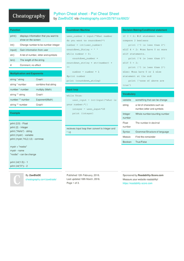 Python Cheat sheet - Pat Cheat Sheet by ZawBlaDE - Download free from ...